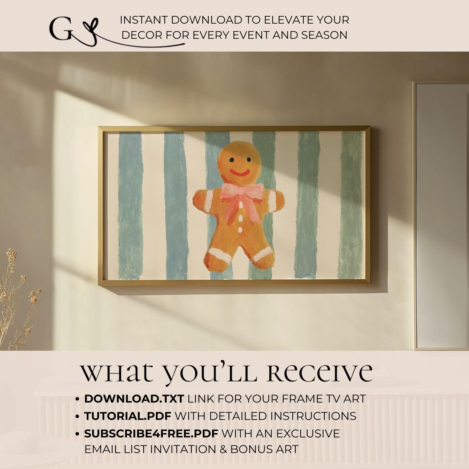 Gingerbread Frame TV Art, Christmas Neutral Winter Wall Art, Vintage ...