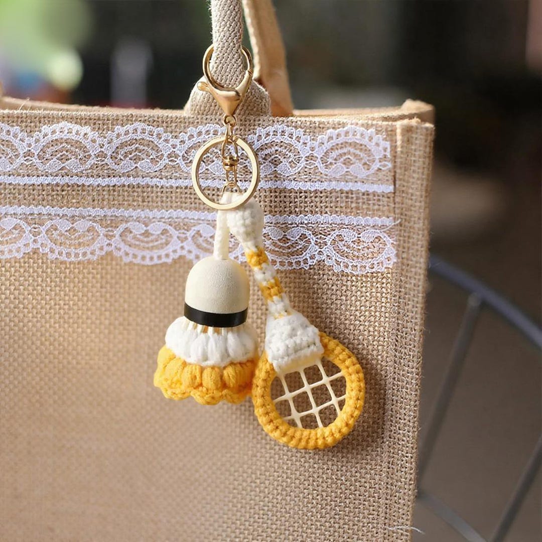 Handmade Crochet Badminton Keychain Set – 6 Colorful Racket Bag Charms ...