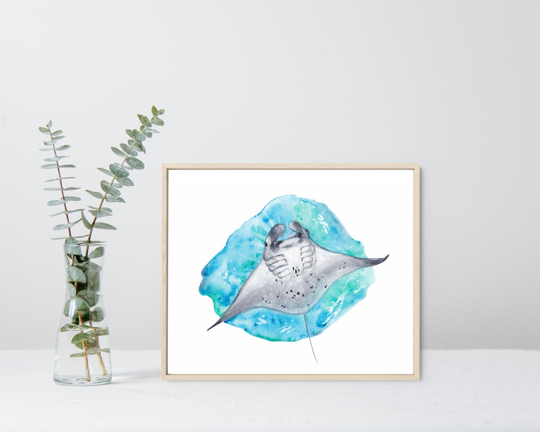 Giant Manta Ray Art Print - Marine Life Wall Art, Manta Ray Watercolor ...