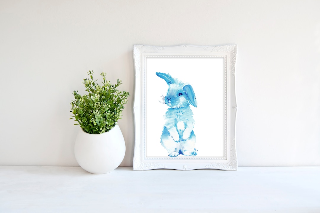 Watercolor Bunny Art Print - Abstract Rabbit Painting, Blue Rabbit ...