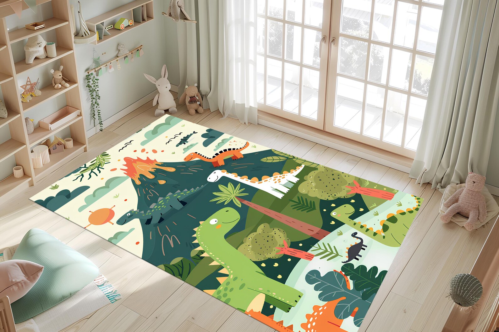 Cute Dinosaur Kids Rug, Prehistoric Volcano Play Mat, Green Jungle ...