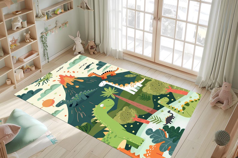 Cute Dinosaur Kids Rug, Prehistoric Volcano Play Mat, Green Jungle ...