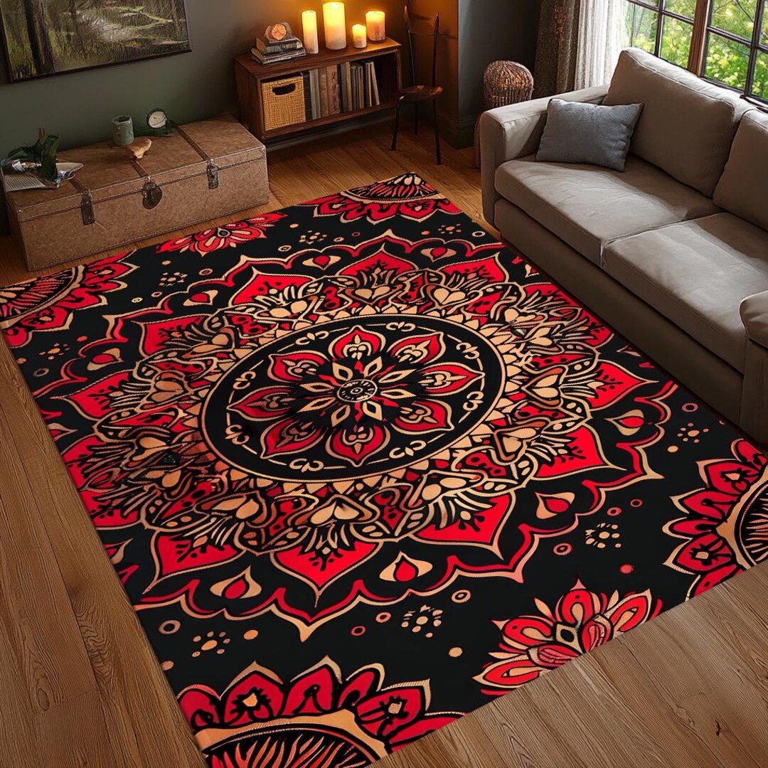 Red Mandala Rug, Gothic Boho Carpet, Black Gold Spiritual Floor Mat ...