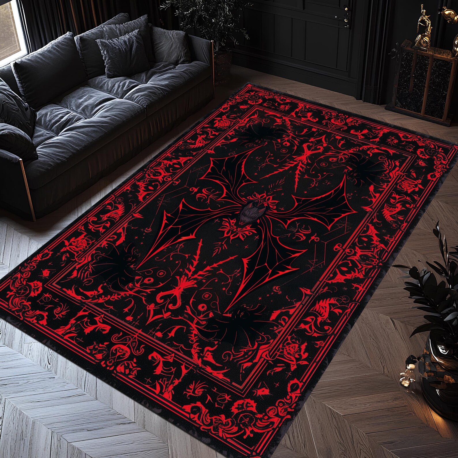 Gothic Bat Rug, Red Black Occult Carpet, Dark Vampire Decor Rug, Witchy ...