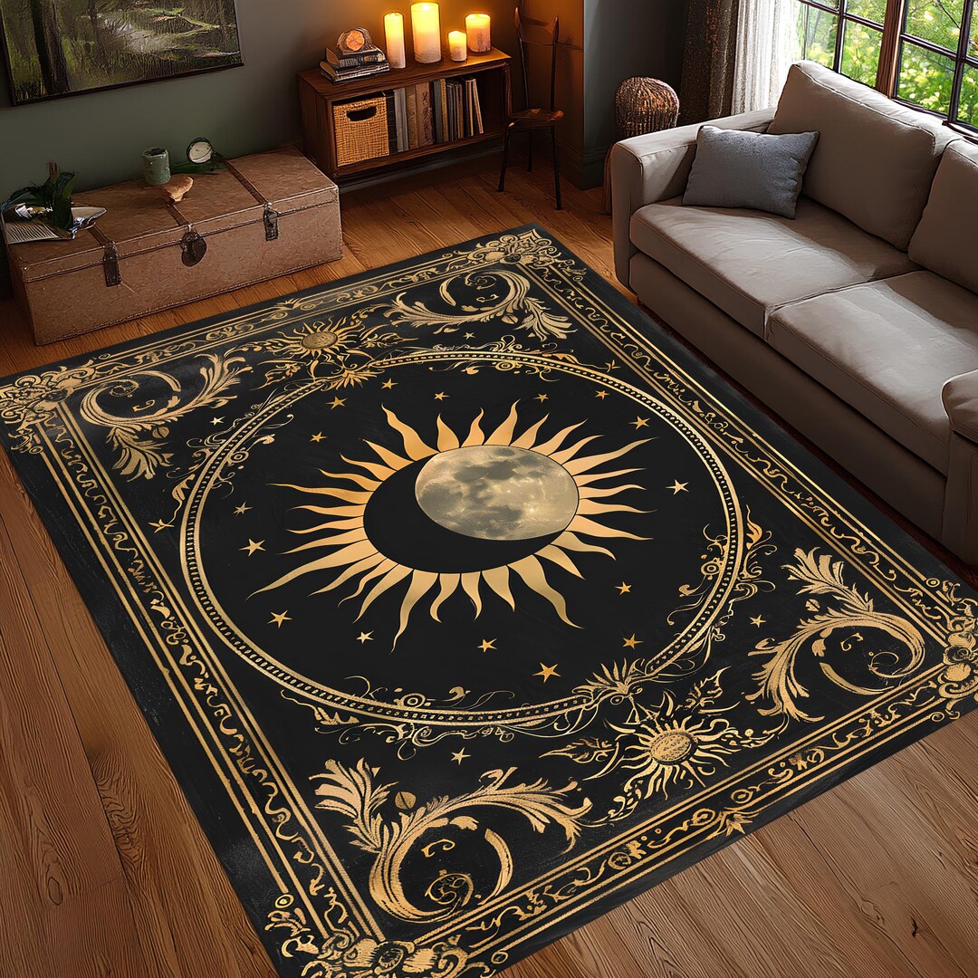 Celestial Sun Moon Rug, Gothic Gold Black Carpet, Mystical Astrology ...