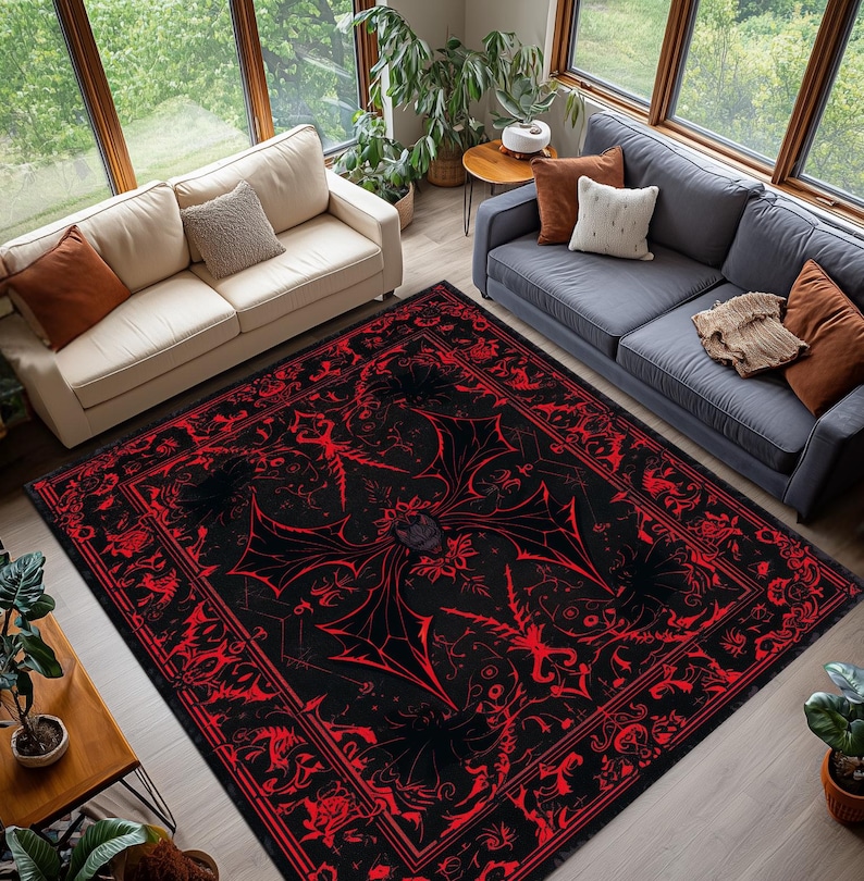 Gothic Bat Rug, Red Black Occult Carpet, Dark Vampire Decor Rug, Witchy ...