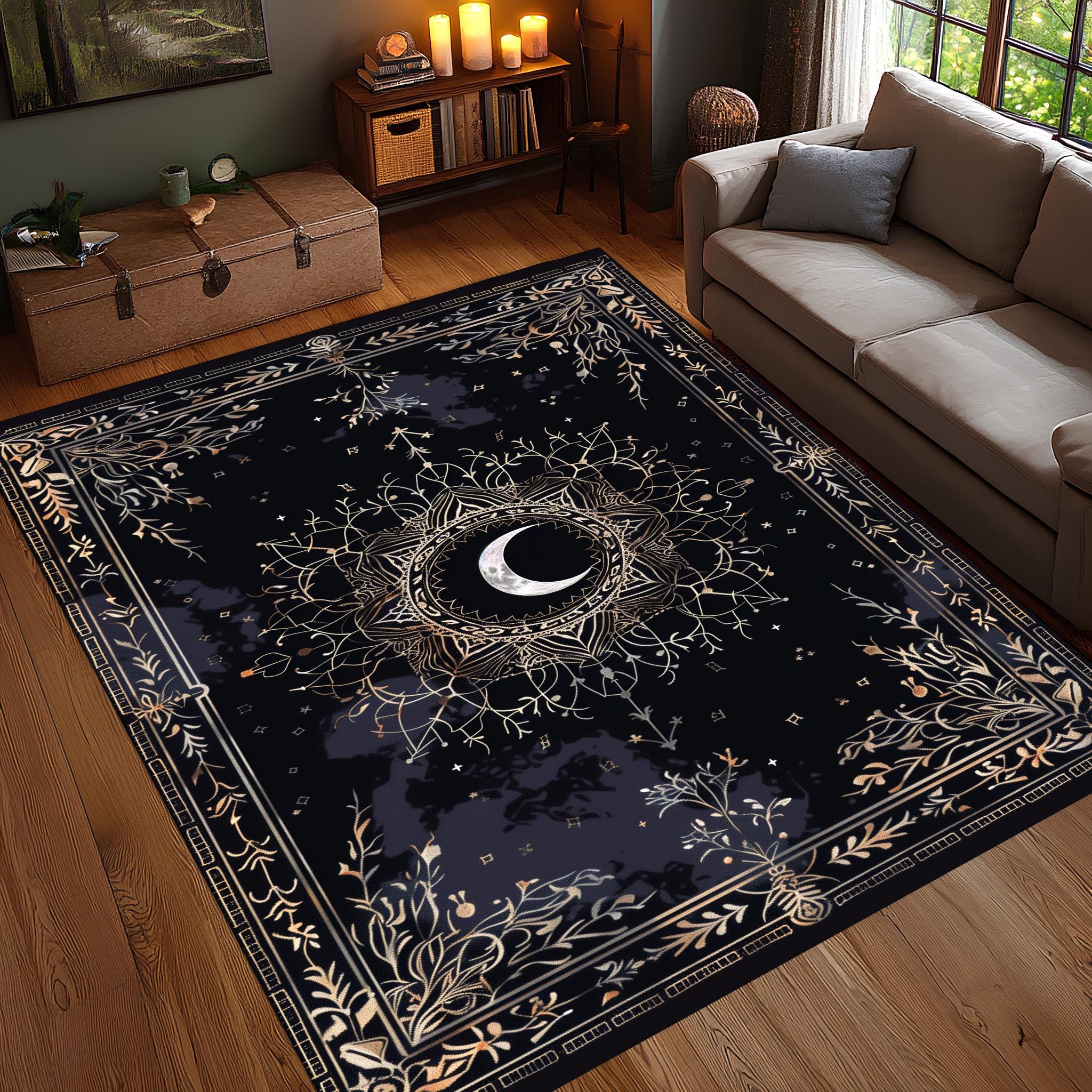 Mystical Moon Rug, Gold Crescent Floral Carpet, Washable Non Slip Rug ...