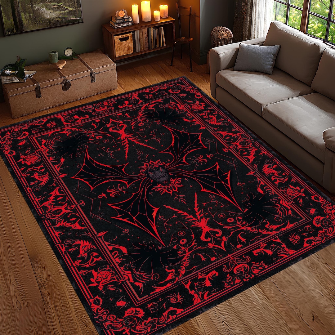 Gothic Bat Rug, Red Black Occult Carpet, Dark Vampire Decor Rug, Witchy ...