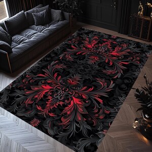 Dark Baroque Floral Rug, Gothic Red Black Scroll Carpet, Ornate Teal ...