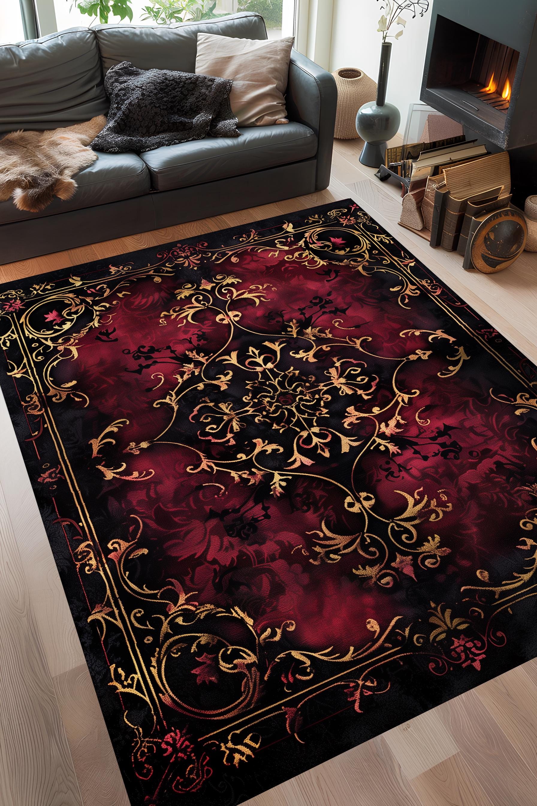 Gothic Red Black Floral Rug, Baroque Vintage Style Carpet, Washable Non ...