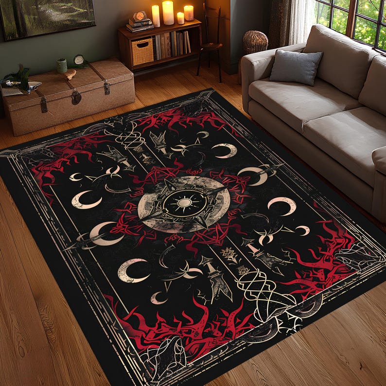 Gothic Moon Phase Rug, Red Black Mystical Carpet, Occult Symbols Area ...