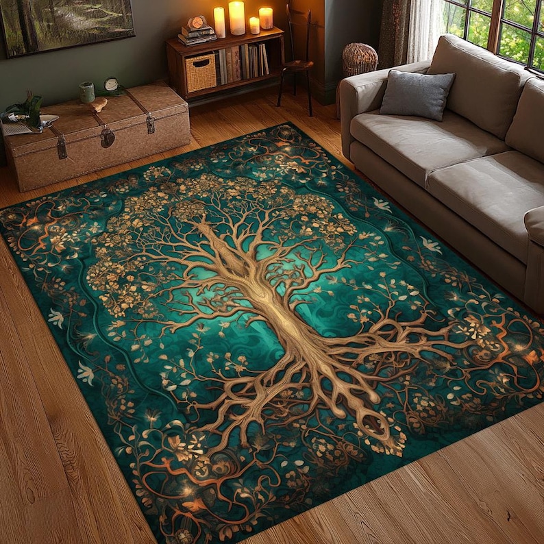 Tree of Life Area Rug, Gothic Forest Art Carpet, Teal Gold Living Room ...
