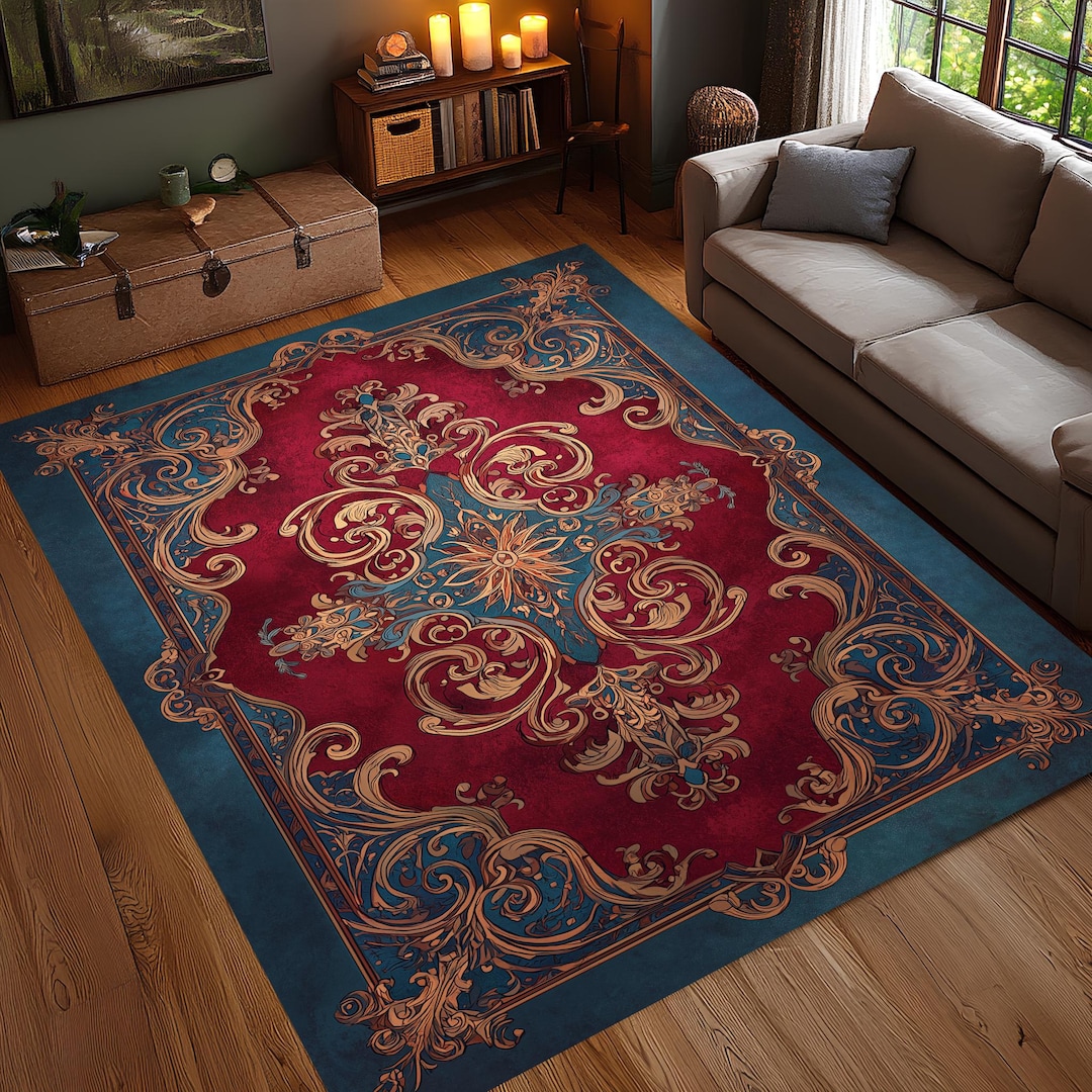 Crimson Teal Baroque Rug, Custom Ornamental Area Carpet, Elegant Gold ...