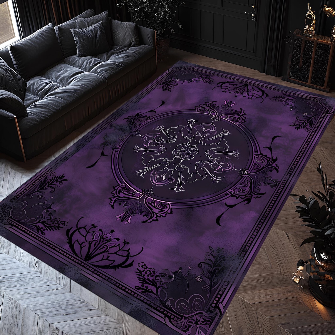 Purple Gothic Rug, Dark Elegant Baroque Carpet, Ornate Medieval Mandala ...