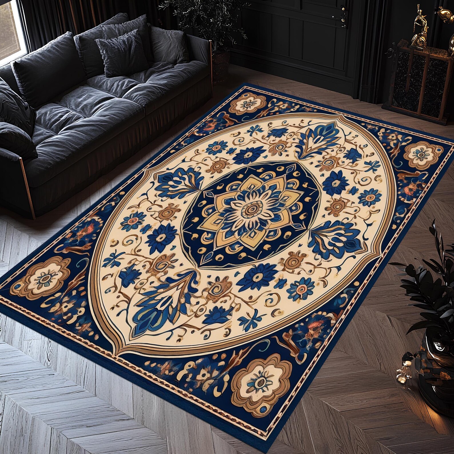 Oval Medallion Floral Rug, Blue Beige Oriental Area Carpet, Washable ...
