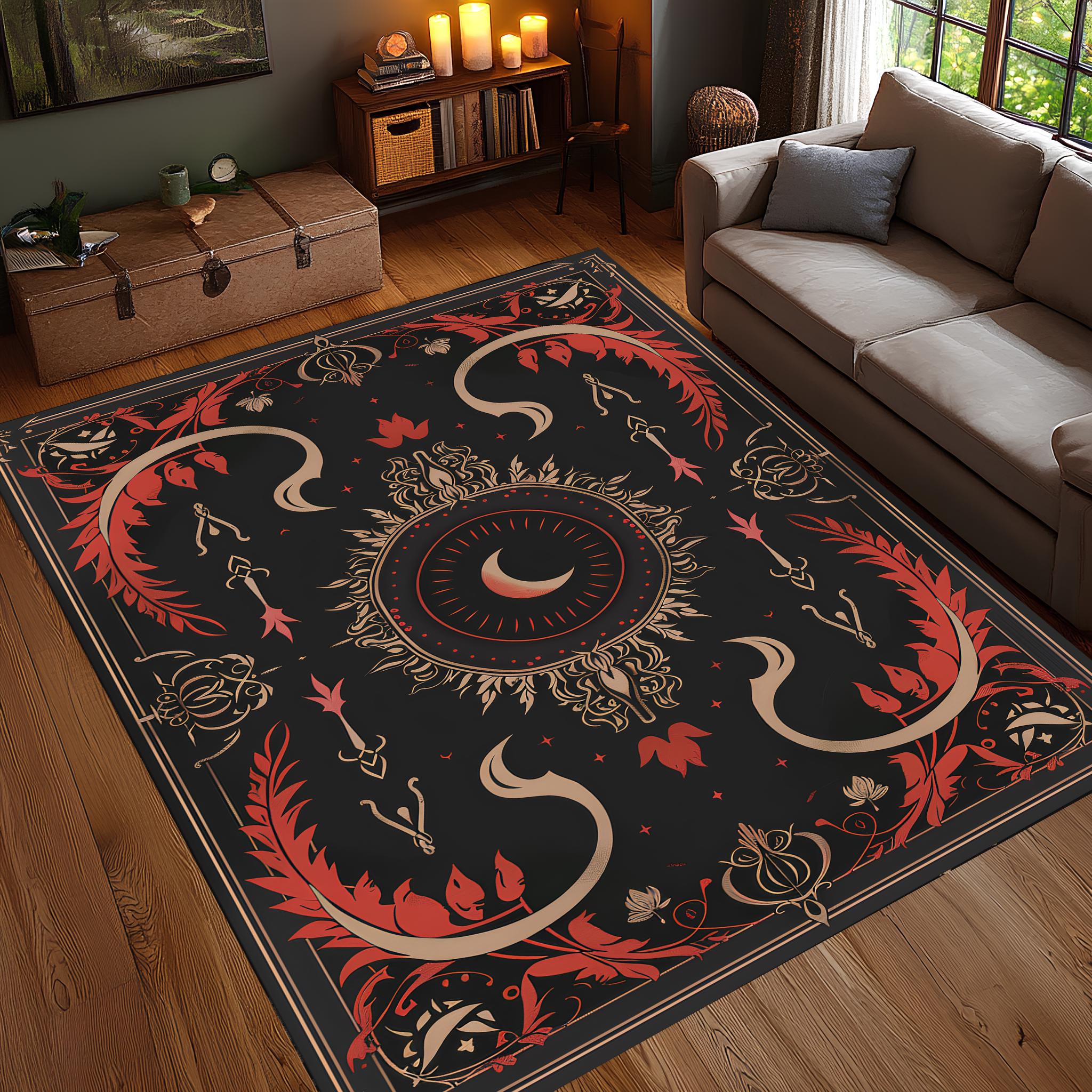 Gothic Moon Phase Rug, Red Black Mystical Carpet, Occult Symbols Area ...