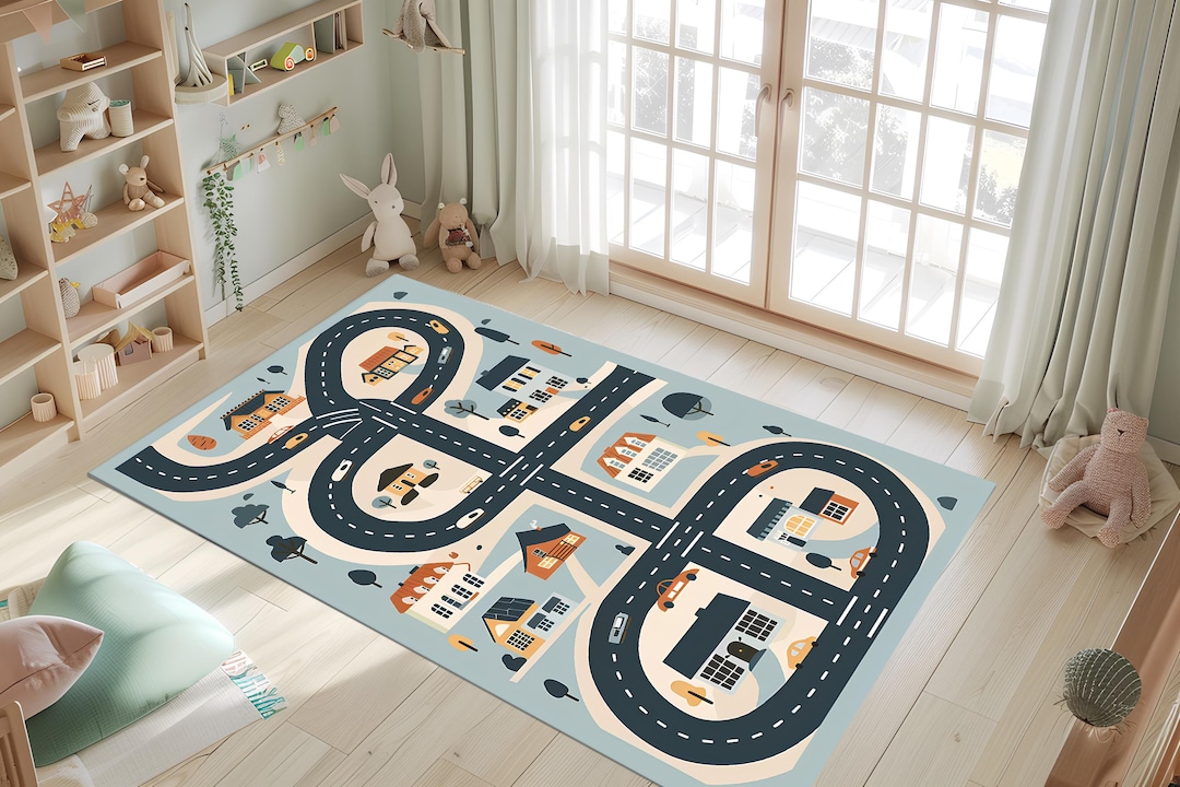 Kids Play Road Rug, City Street Map Carpet, Soft Pastel Car Track Area ...