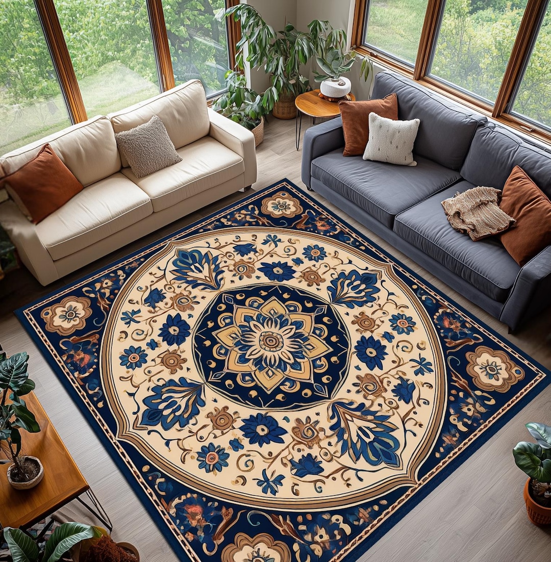 Oval Medallion Floral Rug, Blue Beige Oriental Area Carpet, Washable ...