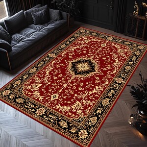 Burgundy Medallion Oriental Rug, Classic Red Area Carpet, Washable ...