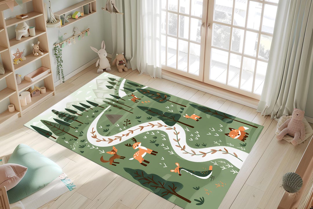 Forest Path Play Rug, Woodland Animal Carpet, Green Nursery Rug, Kids ...