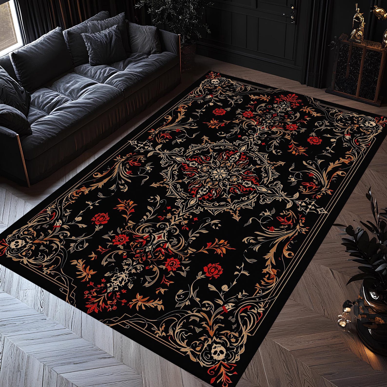 Baroque Gothic Skull Rug, Black Red Floral Area Carpet, Washable ...