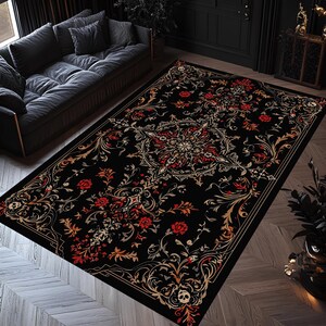 Baroque Gothic Skull Rug, Black Red Floral Area Carpet, Washable ...