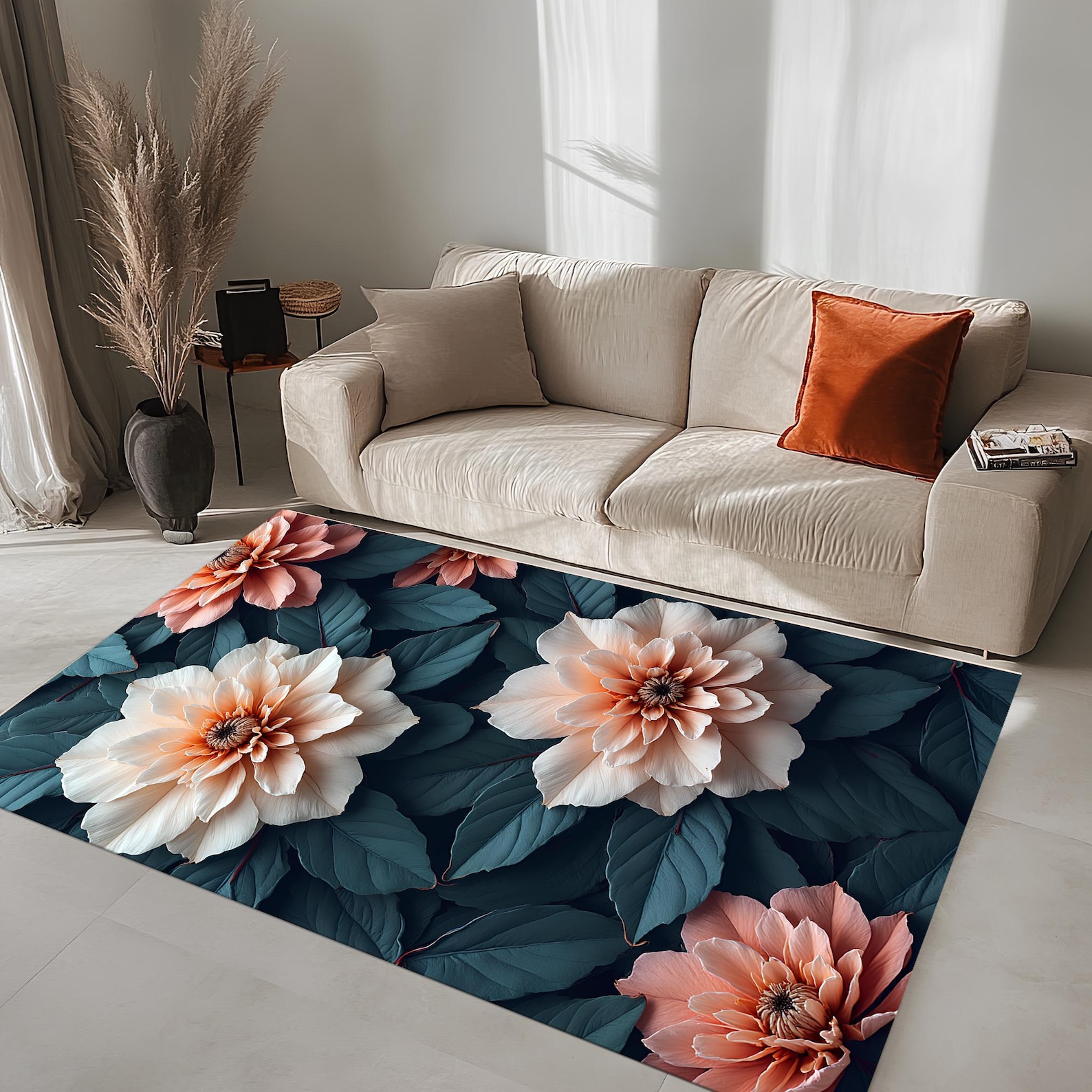 Modern Oversized Floral Area Rug With Peach and White Blooms on Deep ...