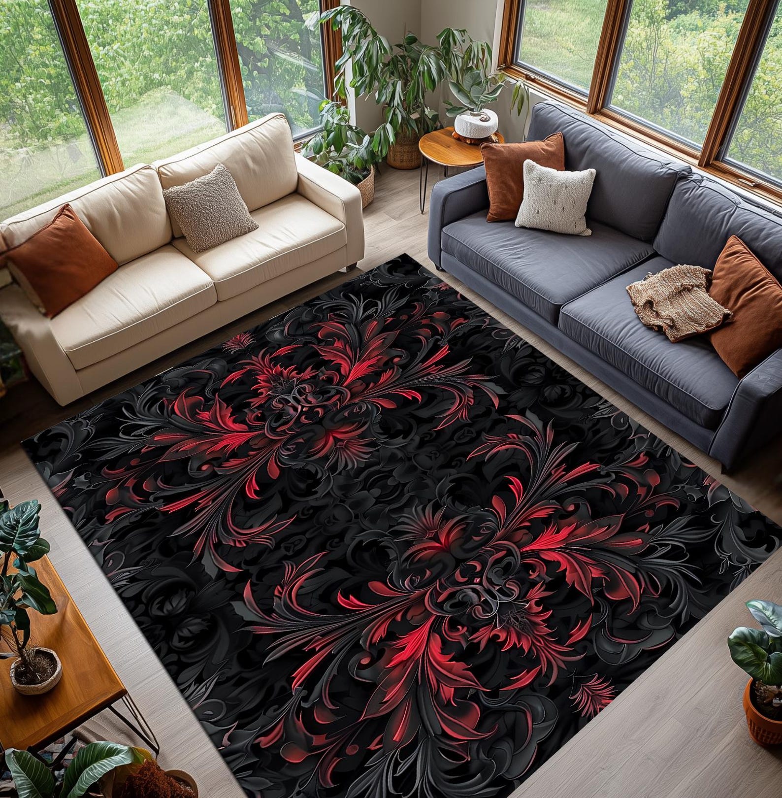 Dark Baroque Floral Rug, Gothic Red Black Scroll Carpet, Ornate Teal ...