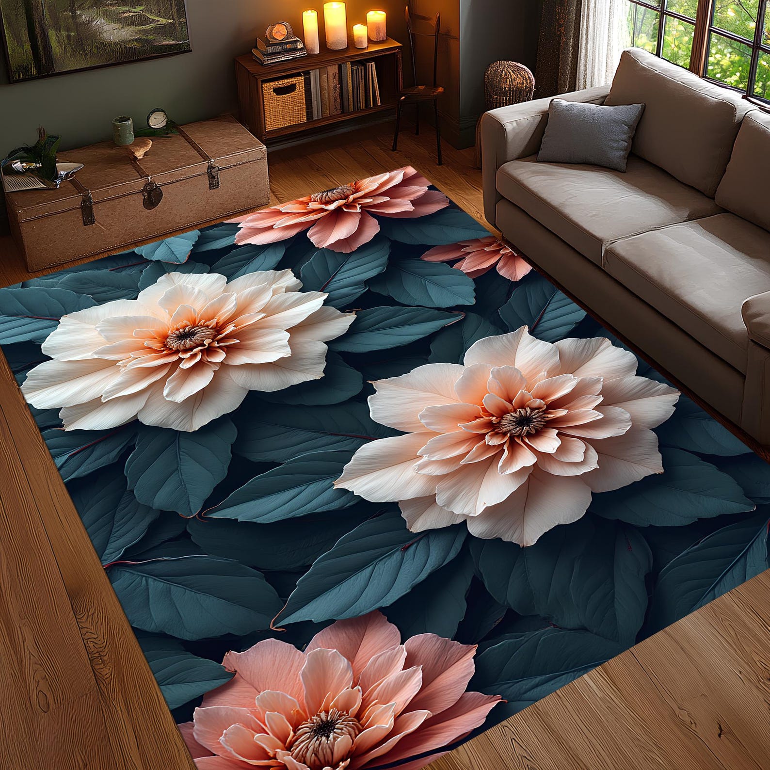 Modern Oversized Floral Area Rug With Peach and White Blooms on Deep ...