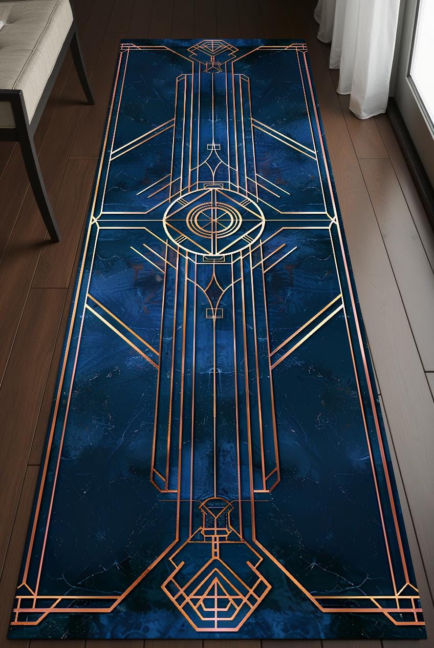 Dark Art Deco Runner Rug, Navy Gold Geometric Hallway Carpet, Elegant ...