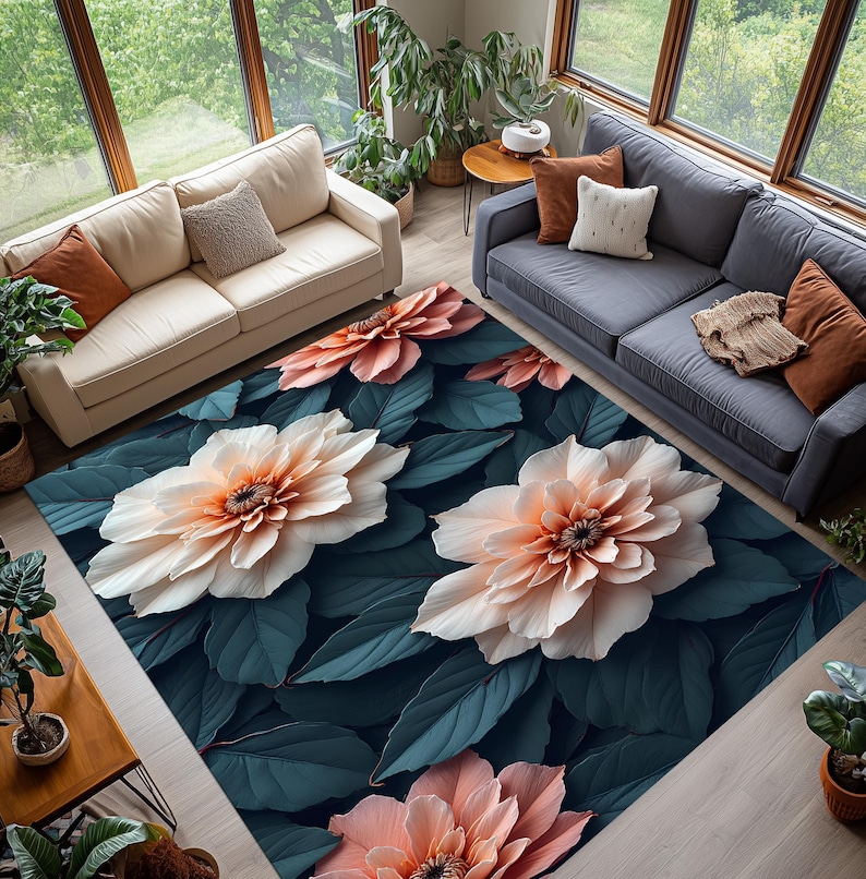 Modern Oversized Floral Area Rug With Peach and White Blooms on Deep ...