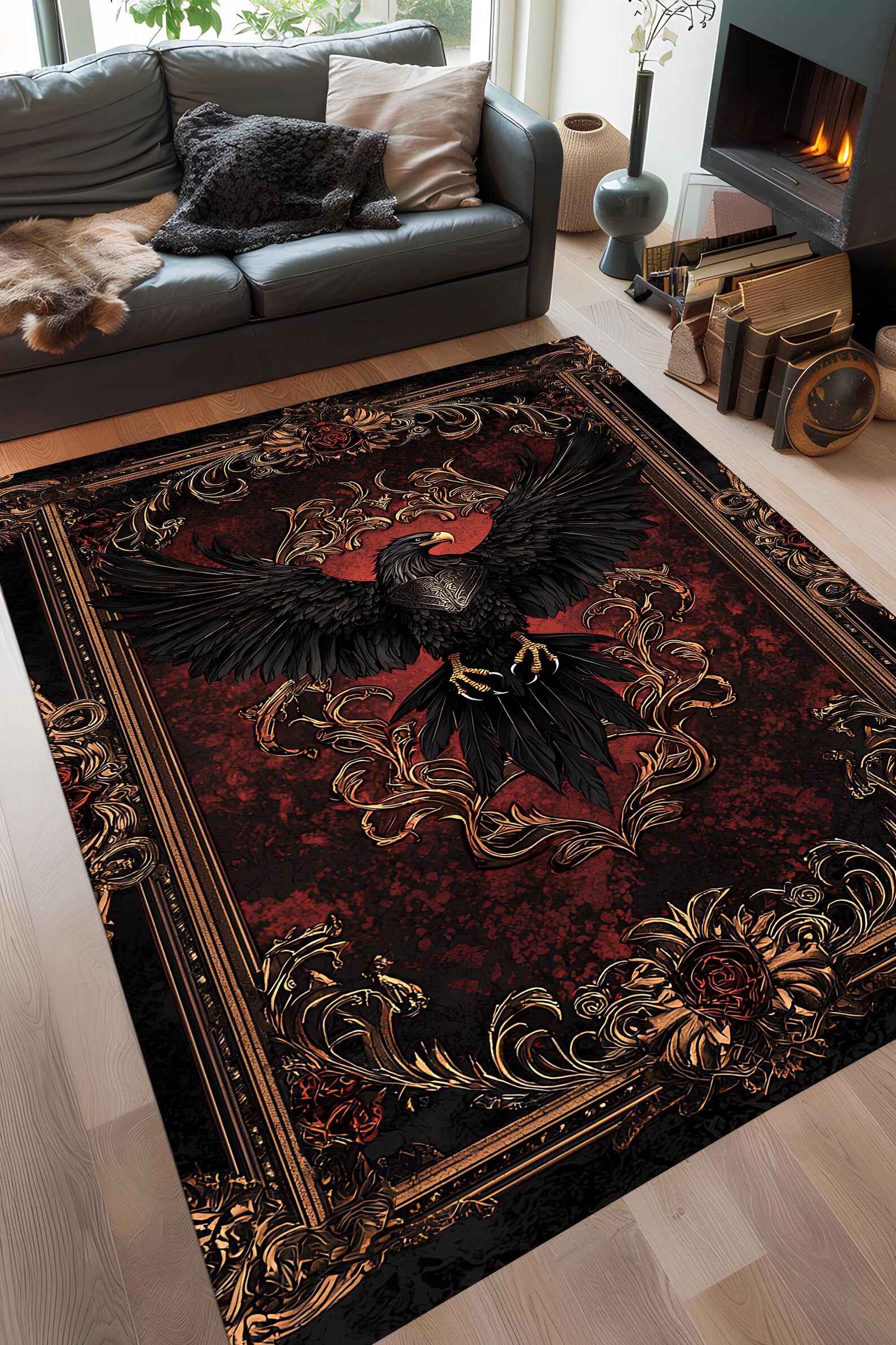 Gothic Raven Area Rug, Dark Red Black Medieval Carpet, Baroque Mythical ...