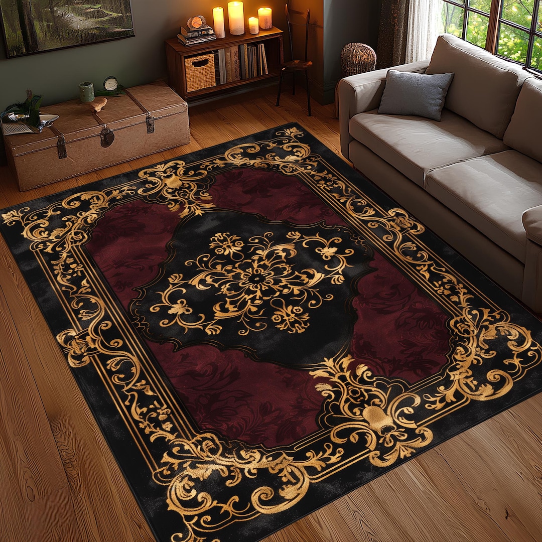 Black Burgundy Baroque Area Rug, Gold Vintage Scroll Carpet, Gothic ...