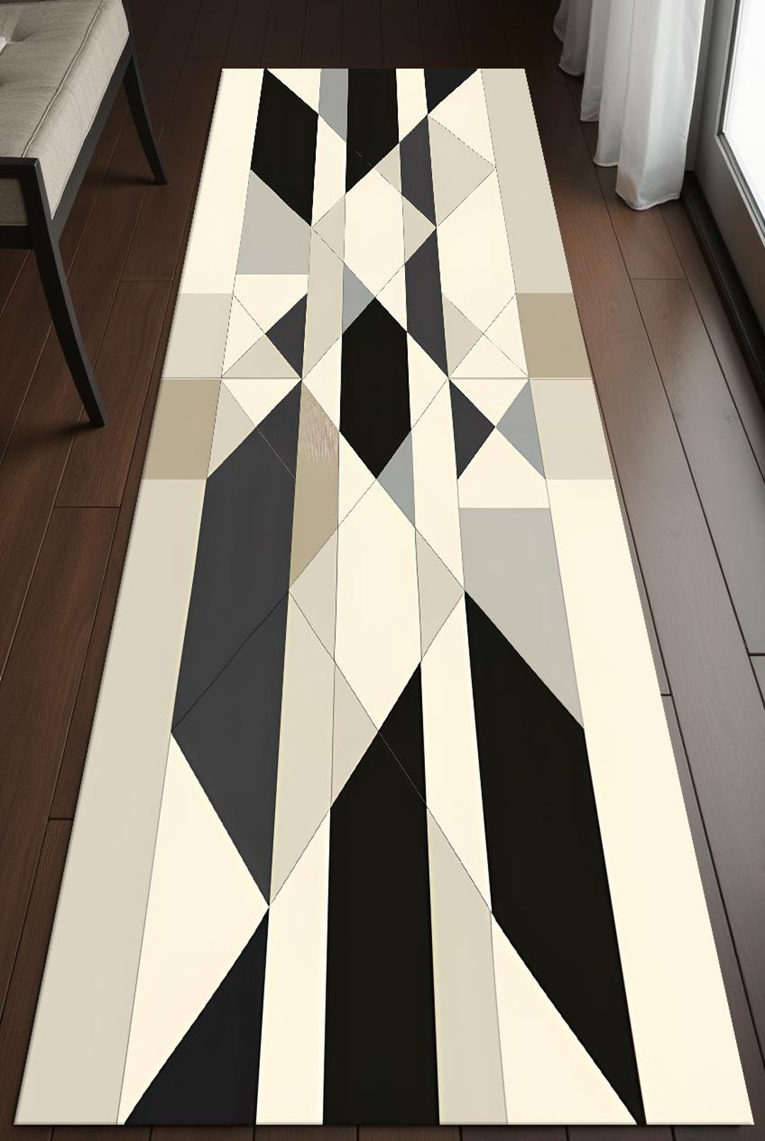 Modern Geometric Runner Rug, Black White Beige Hallway Carpet, Abstract ...
