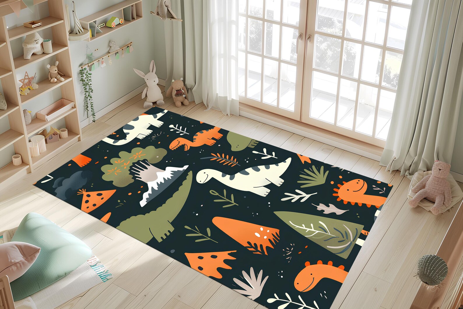 Cute Dinosaur Kids Rug, Prehistoric Volcano Play Mat, Green Jungle ...
