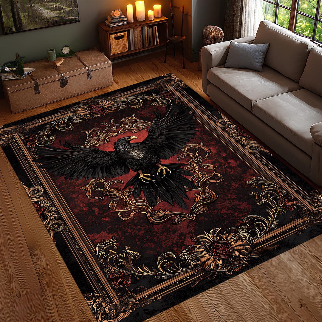 Gothic Raven Area Rug, Dark Red Black Medieval Carpet, Baroque Mythical ...