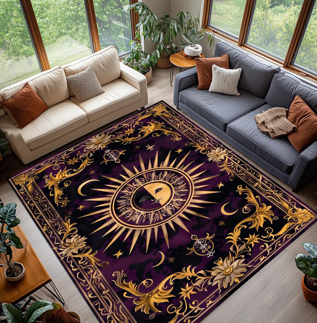 Gothic Sun Moon Area Rug, Purple Gold Celestial Carpet, Mystical ...
