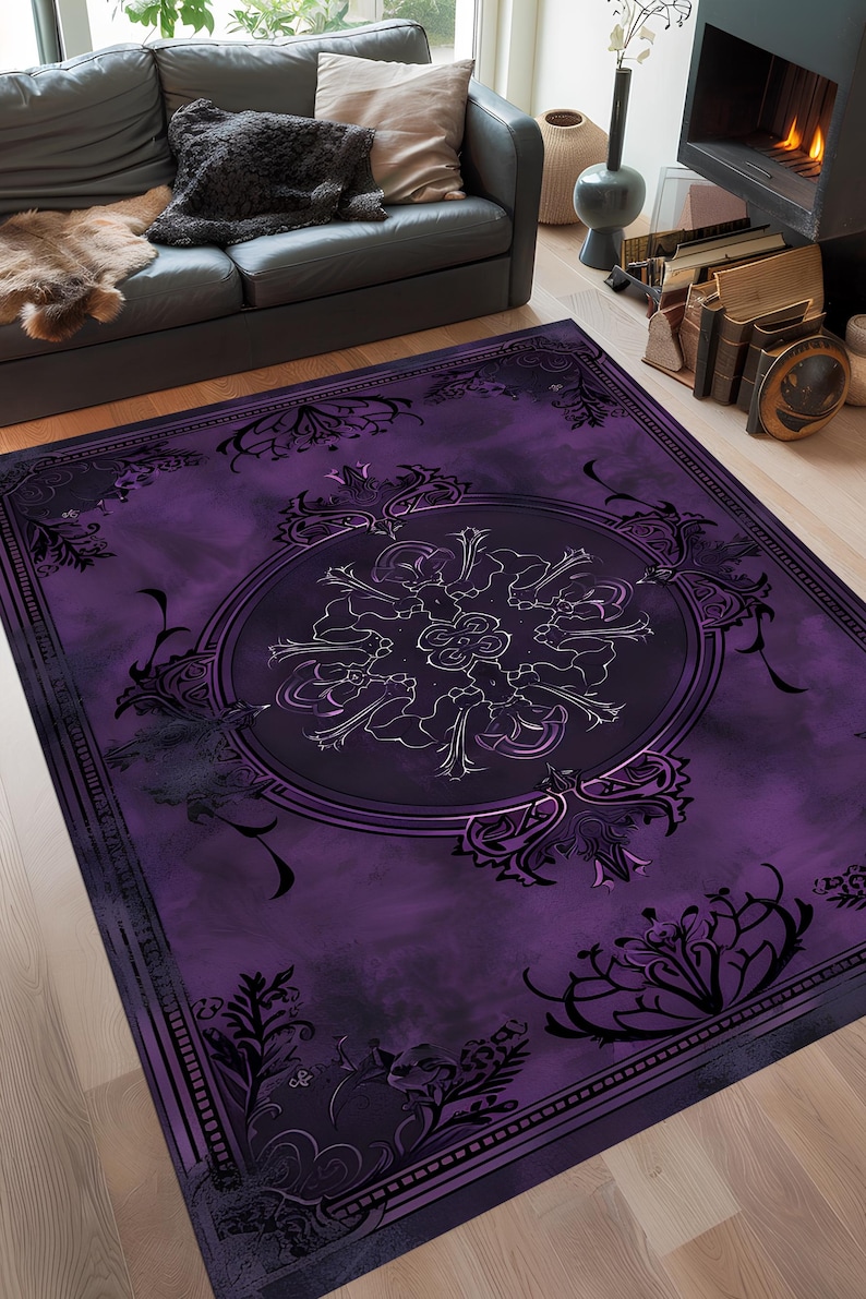 Purple Gothic Rug, Dark Elegant Baroque Carpet, Ornate Medieval Mandala ...