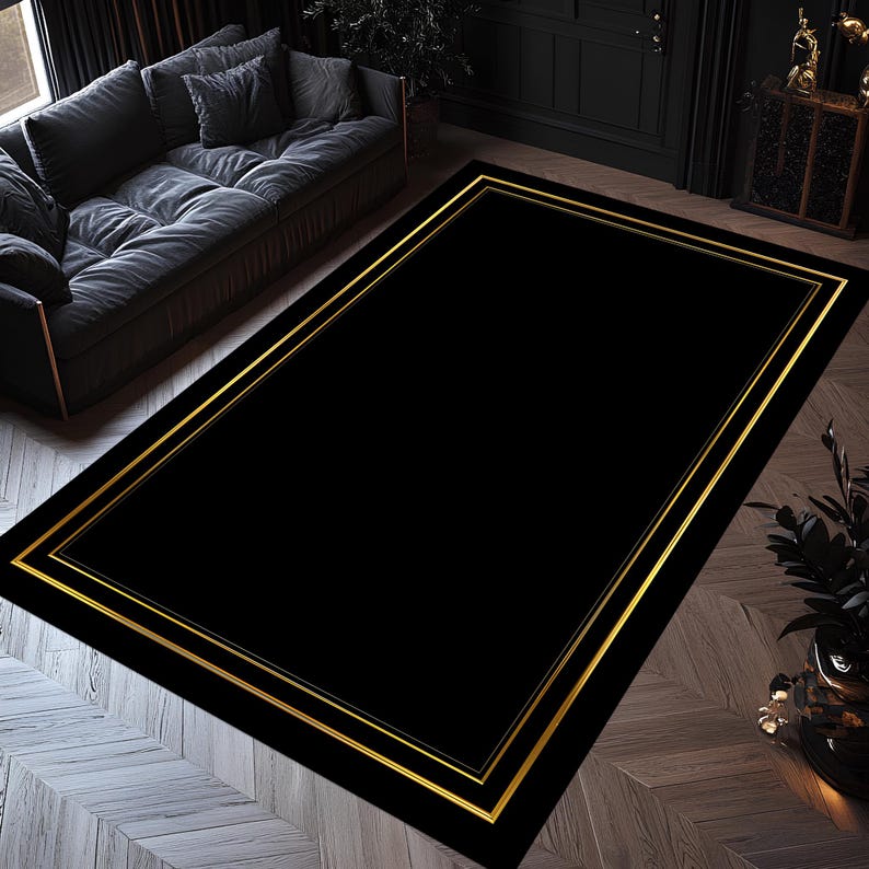 Modern Black Gold Area Rug, Minimalist Frame Carpet, Luxury Elegant ...
