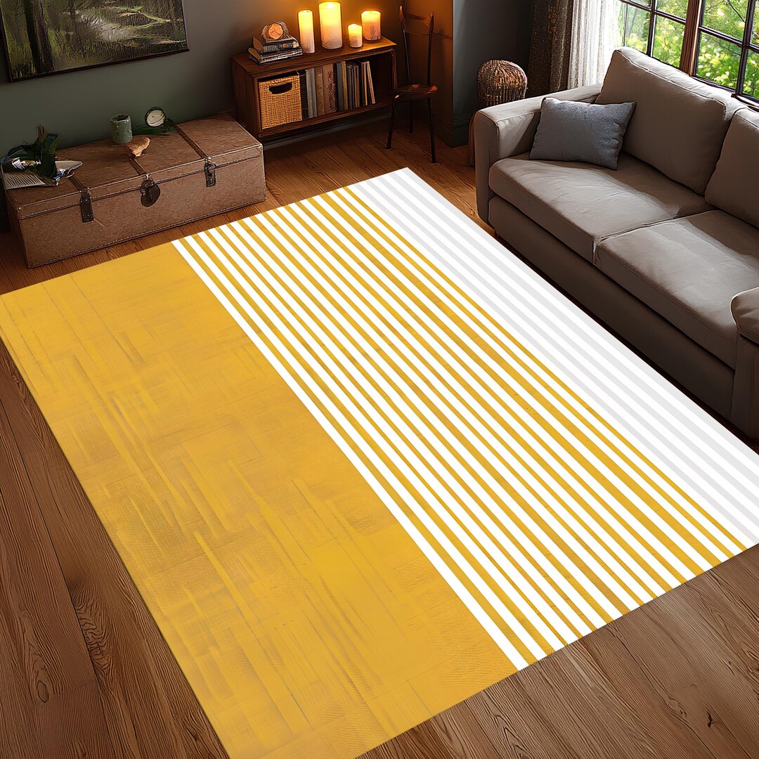 Minimalist Yellow Stripe Area Rug, White Modern Linear Carpet ...
