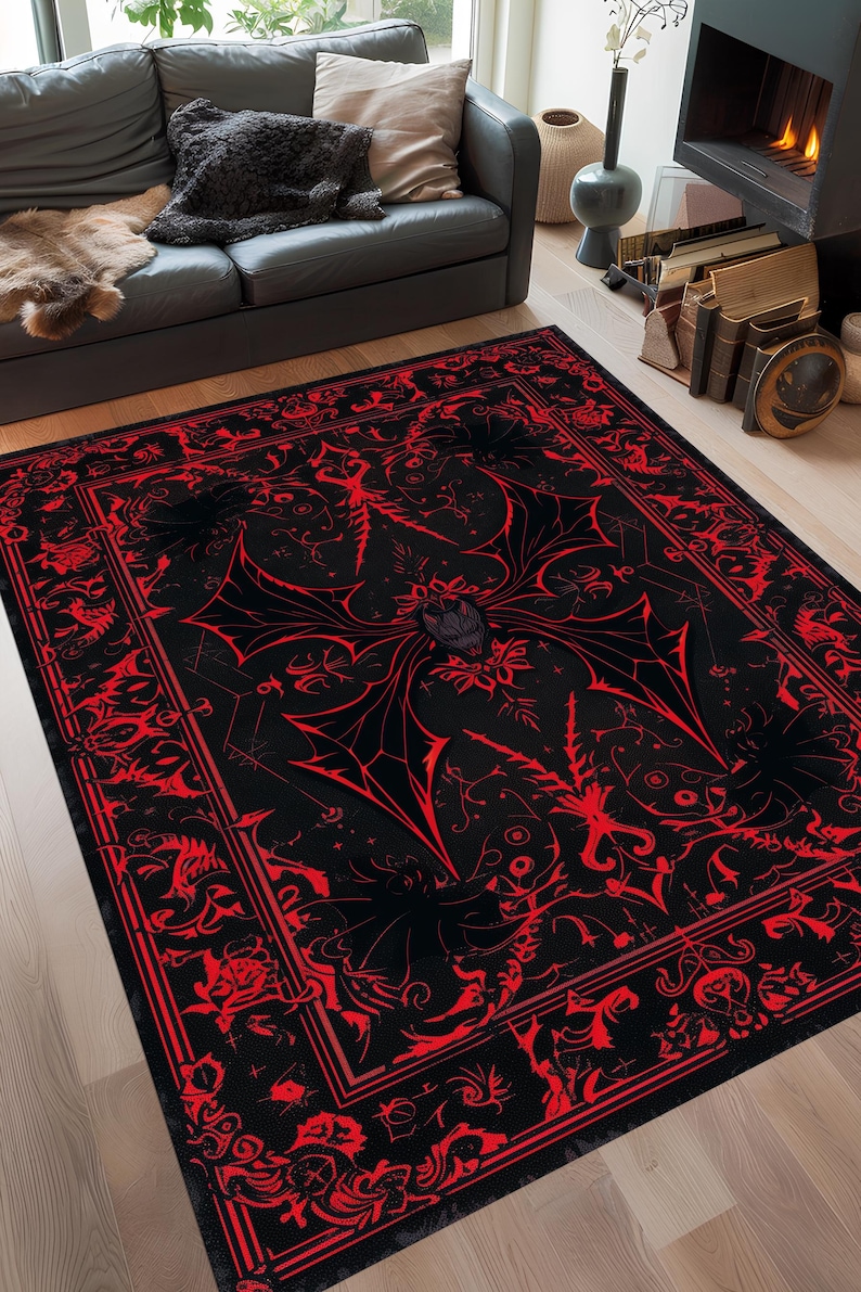 Gothic Bat Rug, Red Black Occult Carpet, Dark Vampire Decor Rug, Witchy ...