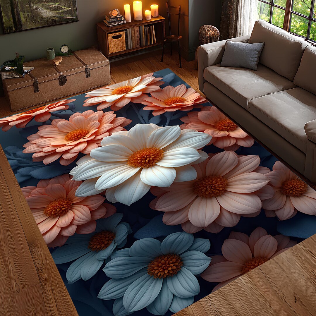 Modern Oversized Floral Area Rug With Peach and White Blooms on Deep ...