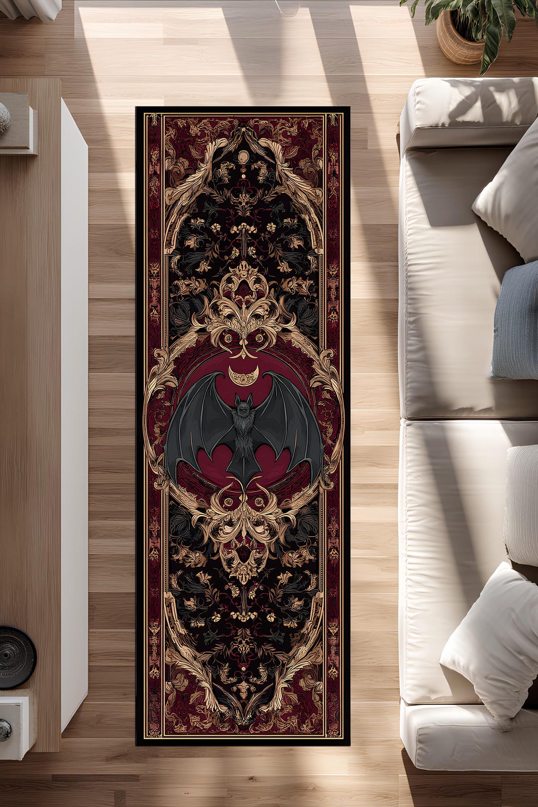 Gothic Bat Runner Rug, Dark Red Gold Art Deco Carpet, Vampire Themed ...