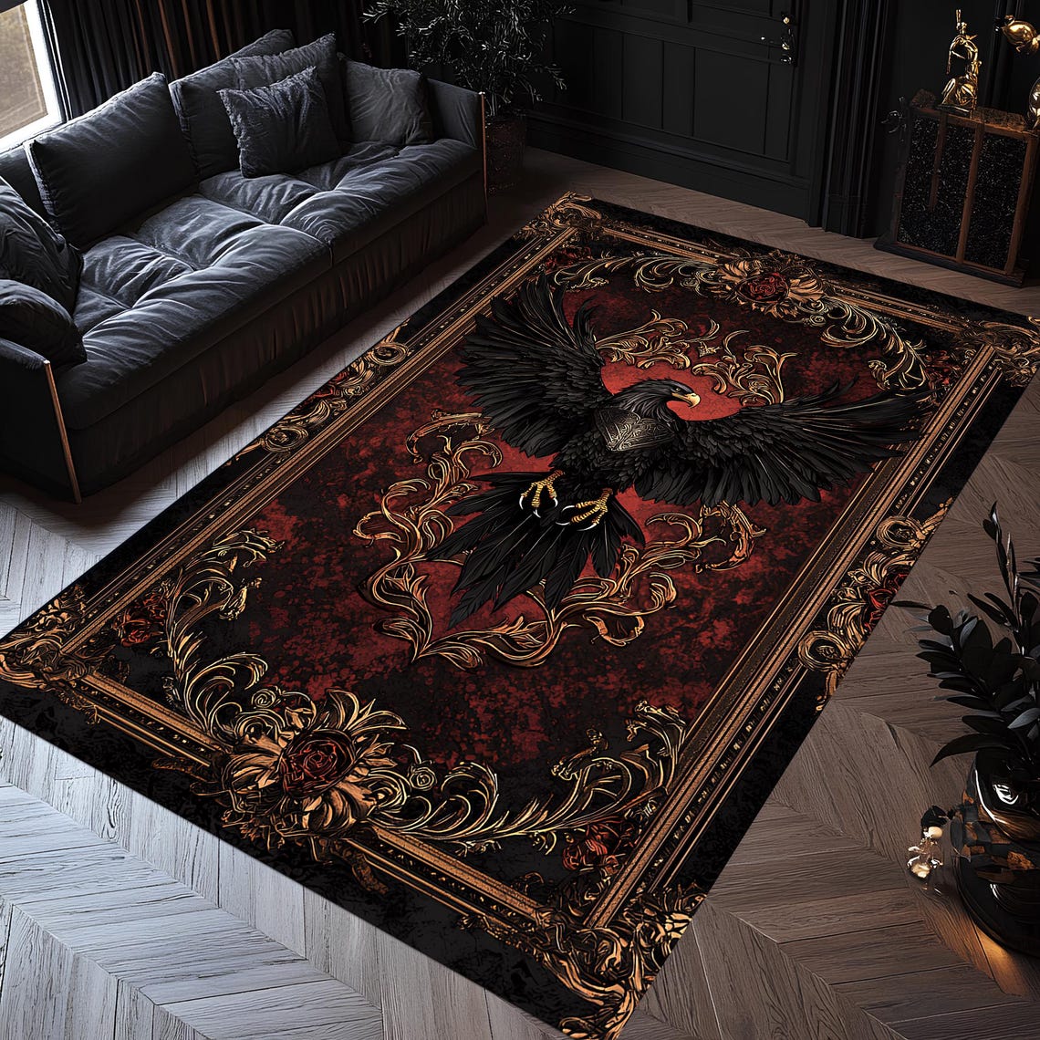Gothic Raven Area Rug, Dark Red Black Medieval Carpet, Baroque Mythical ...