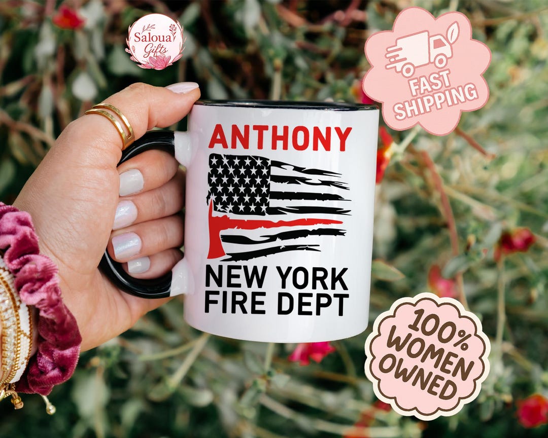 Personalized Firefighter Mug, Custom Fire Dept Mug, Thin Red Line Flag ...