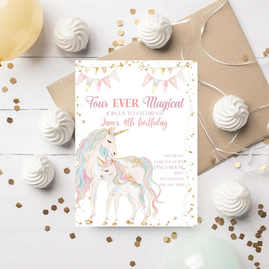 Four Ever Magical Birthday Invite, Unicorn 4th Birthday Invitation ...