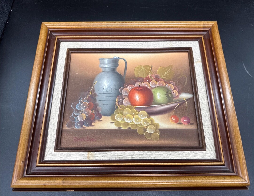 Frank Lean ( 20th C French) " Trompe L'oeil Fruit" Still Life Oil on ...