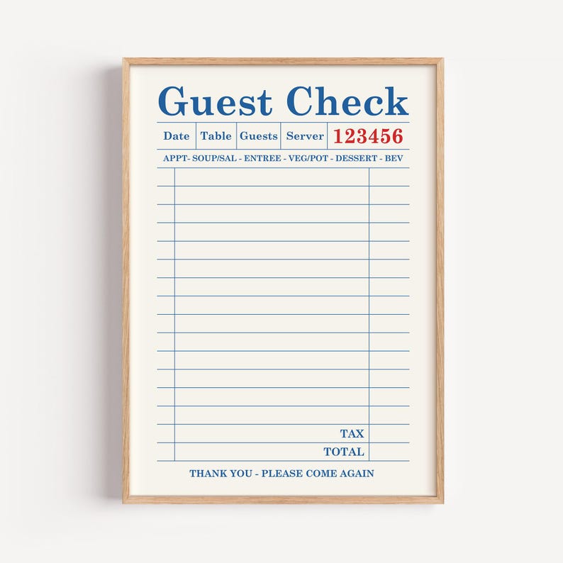Blank Guest Check Art Print, Trendy Wall Art, Guest Check Print ...