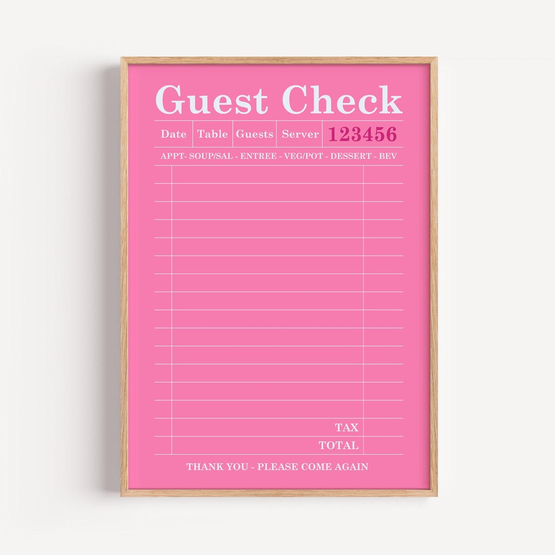 Pink Blank Guest Check Art Print, Trendy Wall Art, Guest Check Print ...