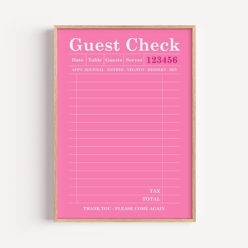 Pink Blank Guest Check Art Print, Trendy Wall Art, Guest Check Print ...
